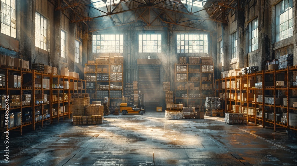 Rays of sunlight illuminate the dusty interior of a warehouse with ...
