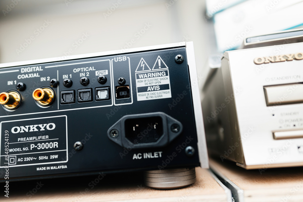 Paris, France - Jun 3, 2024: RCA, optical, and power inputs on the ...