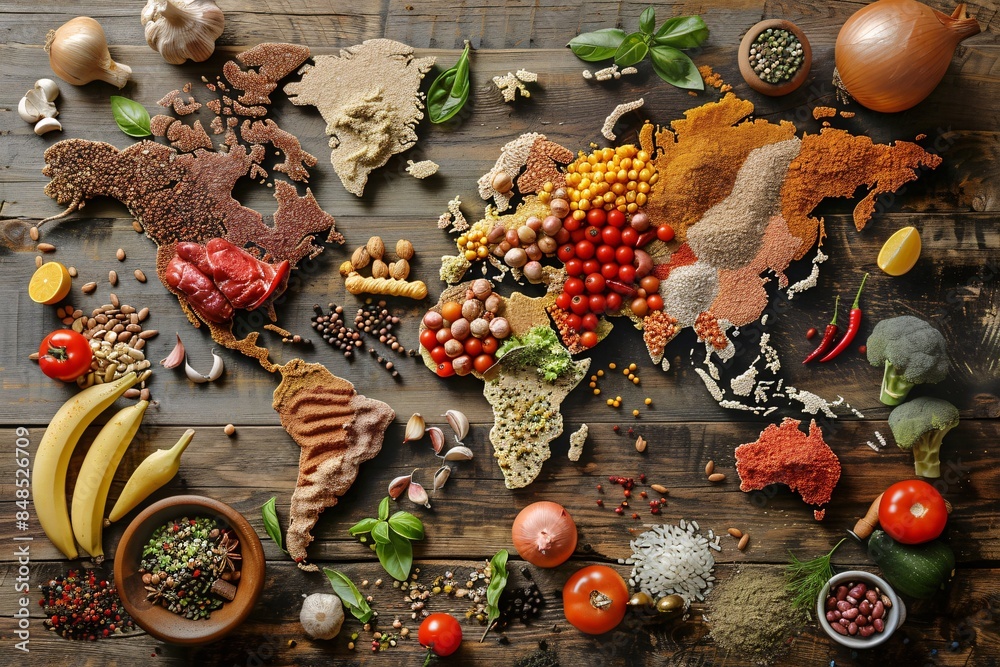 Diverse range of global cuisines. Top view of world map made of food ... Diverse range of global cuisines. Top view of world map made of food ...