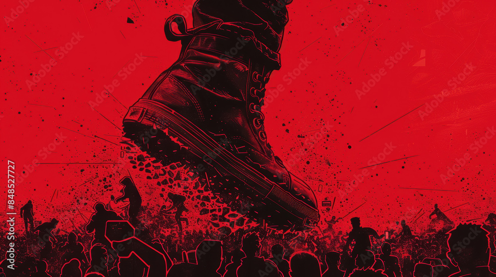 Dominance and Oppression: giant boot crushing silhouetted crowd against ...