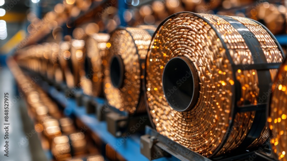 Rows of copper wire coils on a conveyor belt in a factory, showcasing ...