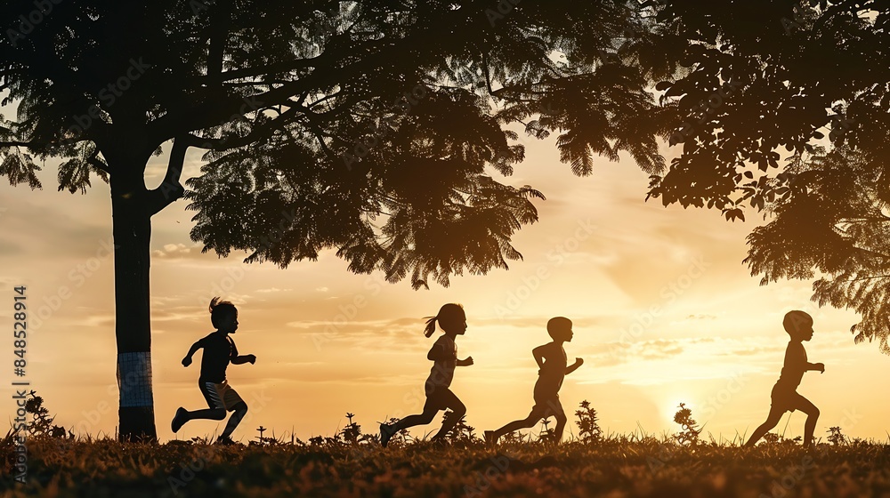 Children running in park at sunset happy family kindergarten kids dream ...