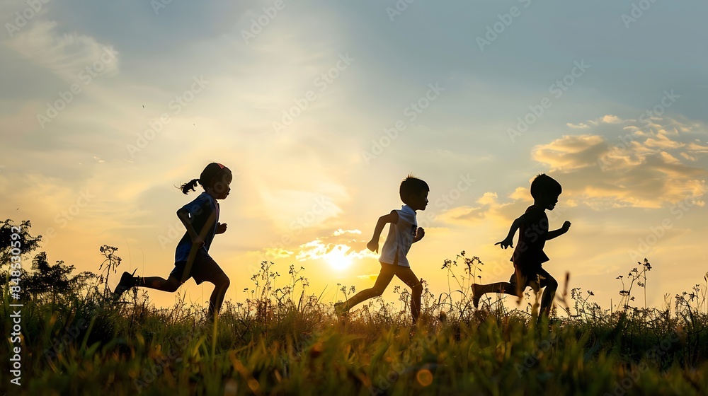 Children running in park at sunset happy family kindergarten kids dream ...