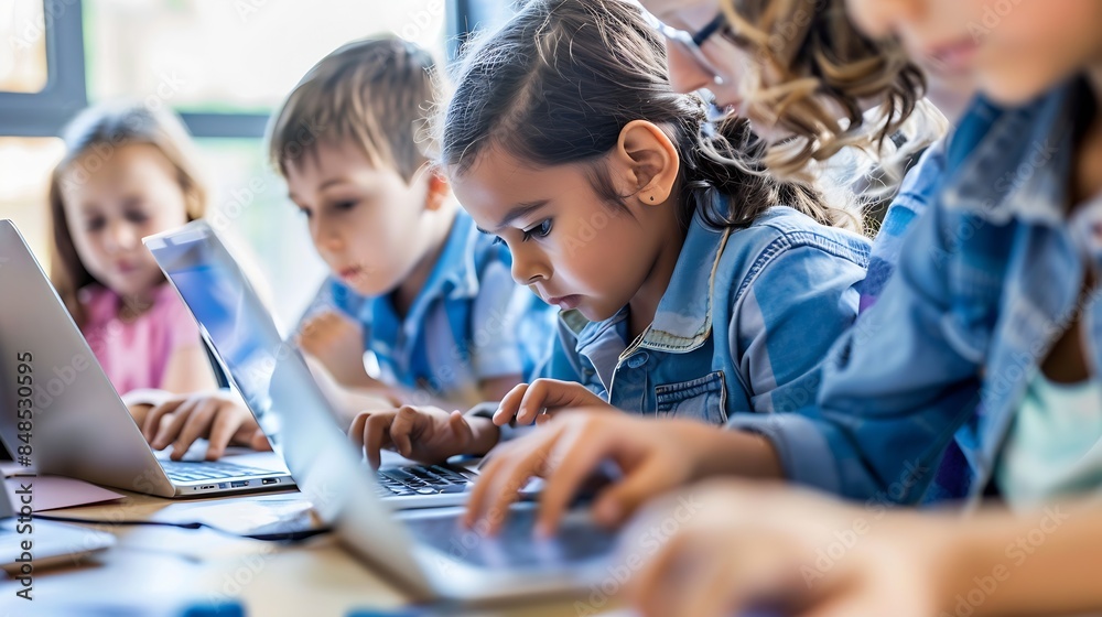 Group of TechSavvy Primary School Children Working on Their Laptop and ...