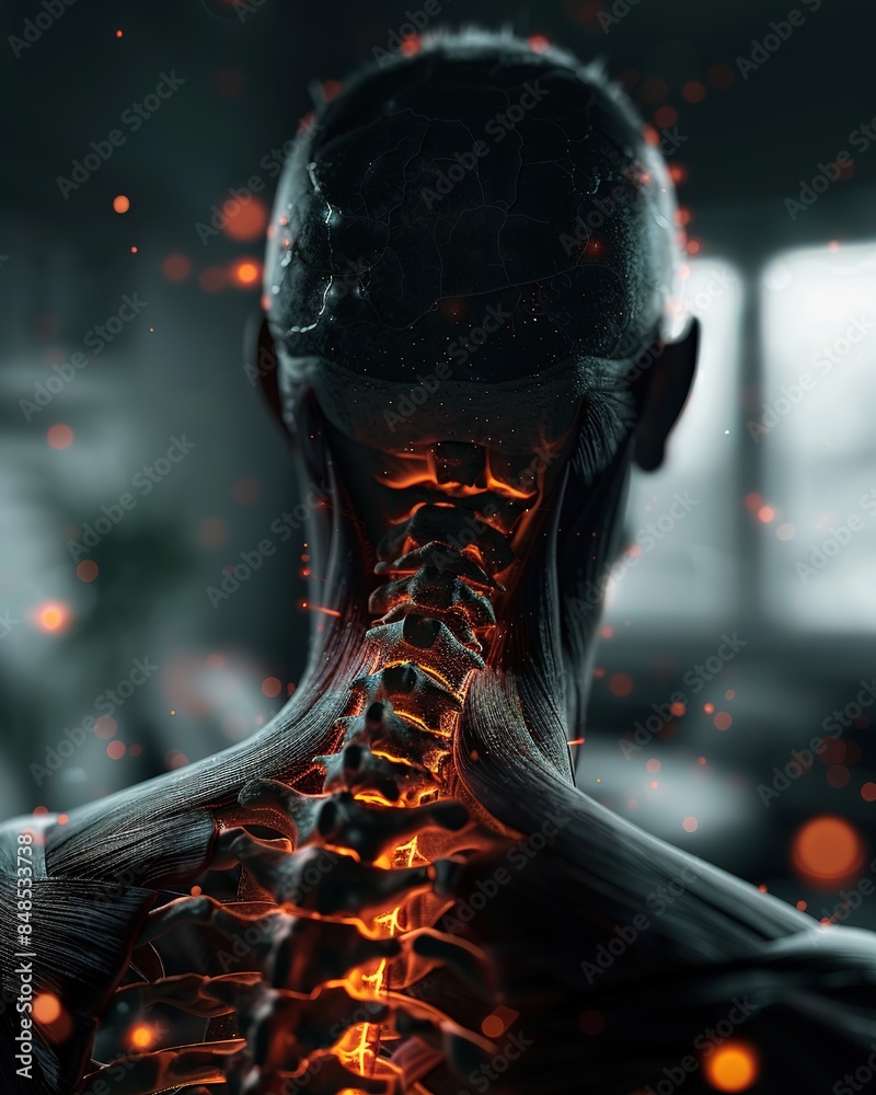 Profile and backside view on standing man. X-ray of upper part of man ...