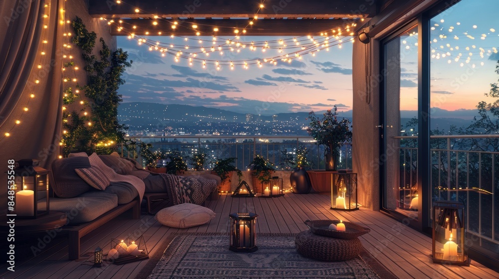 Roof terrace of a beautiful house with night-time view of the city ...