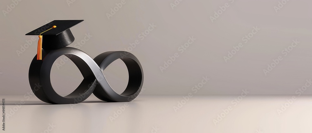 3D rendering of black graduation cap on infinity symbol against grey ...