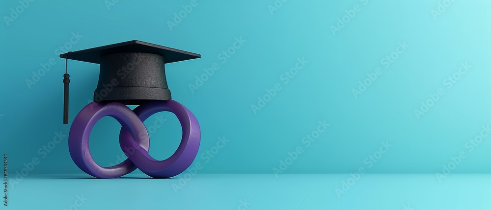 Banner with copy space featuring 3D rendering of black graduation cap ...