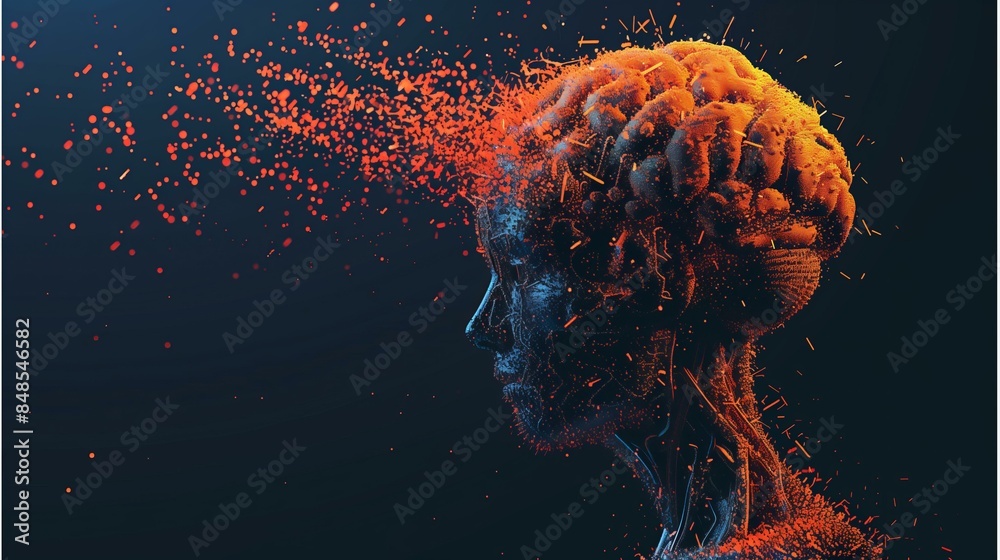 Conceptual illustration of a human brain disintegrating into particles ...
