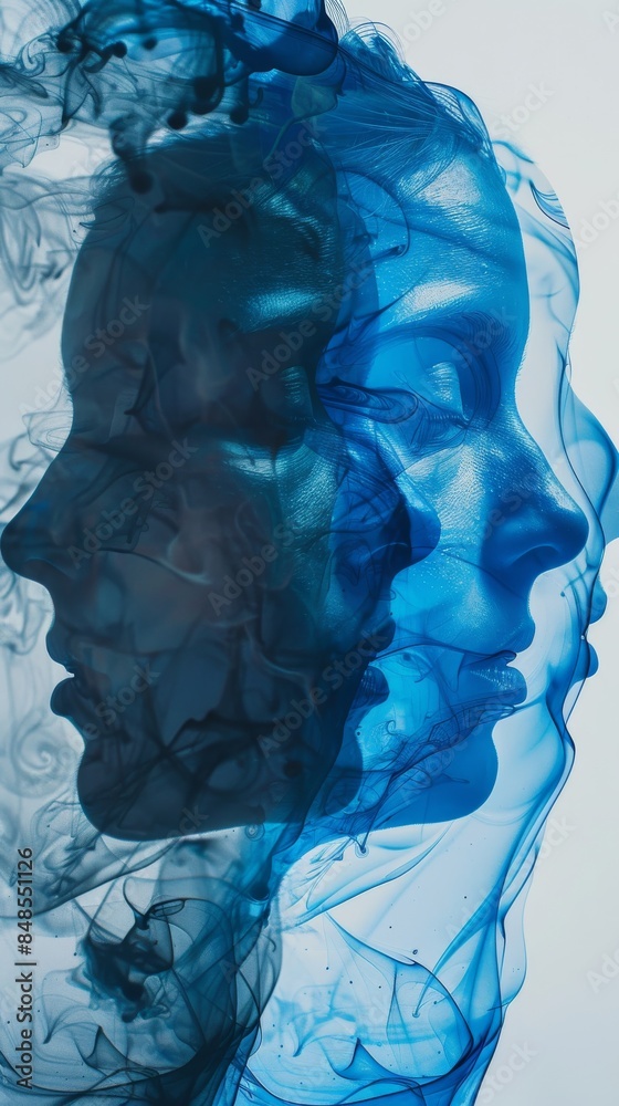 Abstract artistic image of multiple overlapping human faces in blue ...