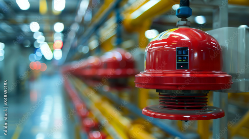Red fire alarm in focus within an industrial setting, emphasizing ...