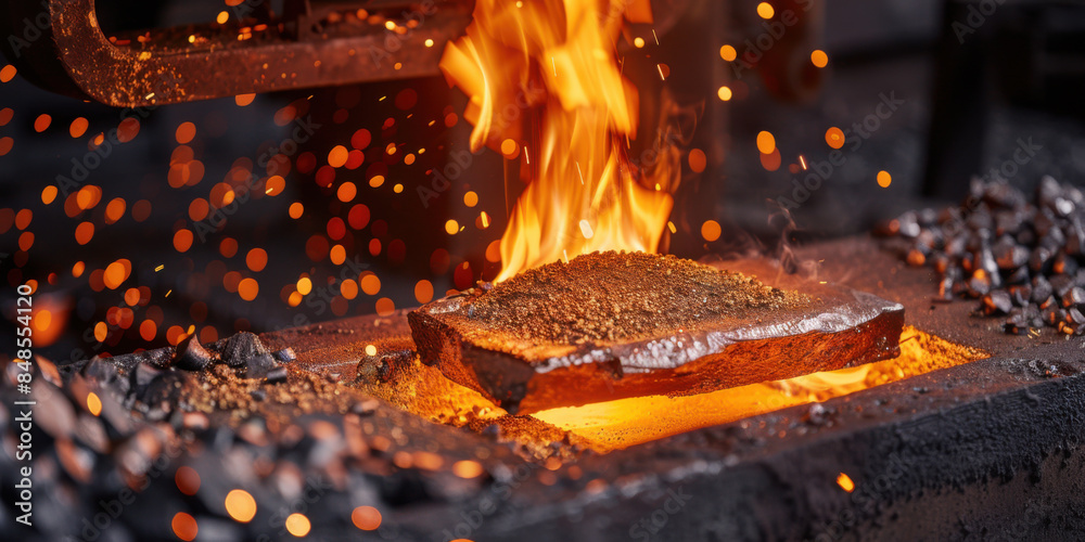 Intense flames and sparks as molten metal cools in a foundry workshop ...