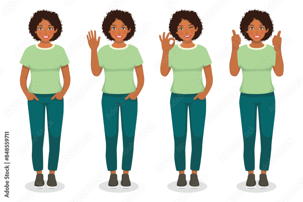Set of young African woman showing different posing gestures and hand ...