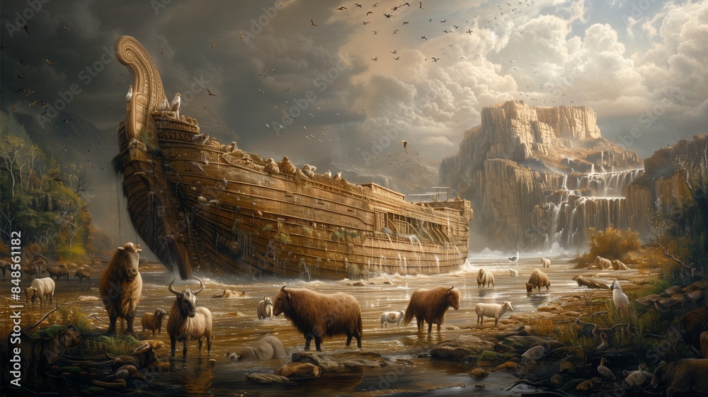 Noah's Ark Deluge Scene with Diverse Characters and Animals in ...