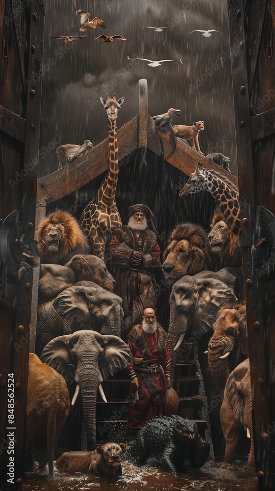 Hyper Realistic Image: Noah and Animals in Ark with Rainy Background ...