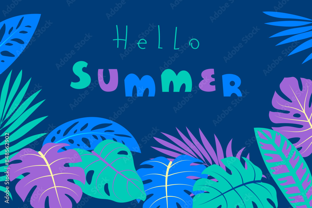 Summer banner design with exotic tropical palm and monstera leaves on ...