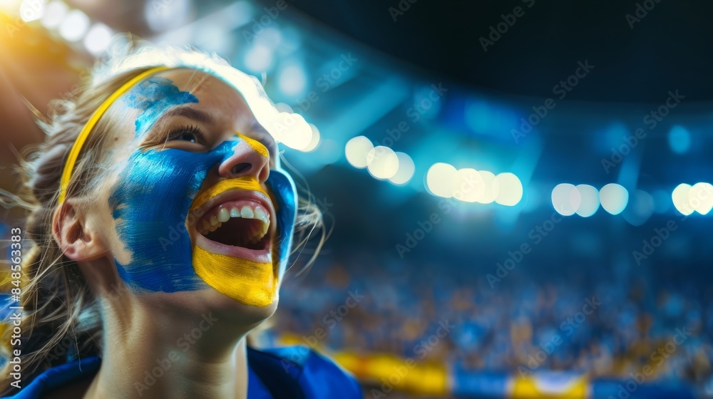 Happy Swedish woman, her face painted in the blue and yellow of the ...
