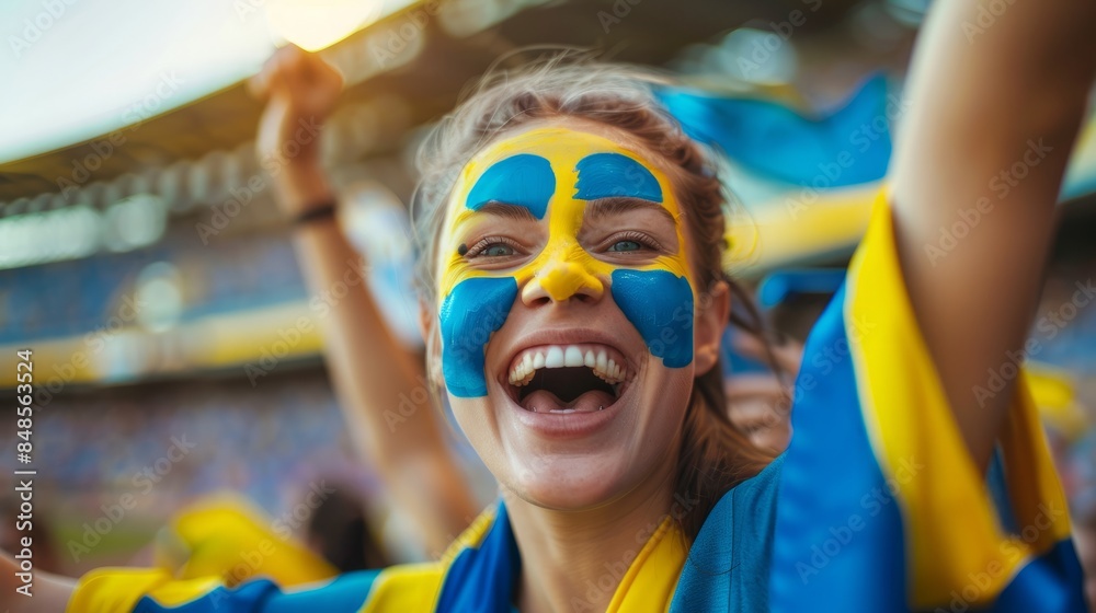 Happy Swedish woman, her face painted in the blue and yellow of the ...