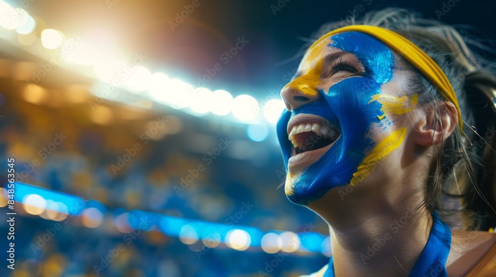 Happy Swedish woman, her face painted in the blue and yellow of the ...