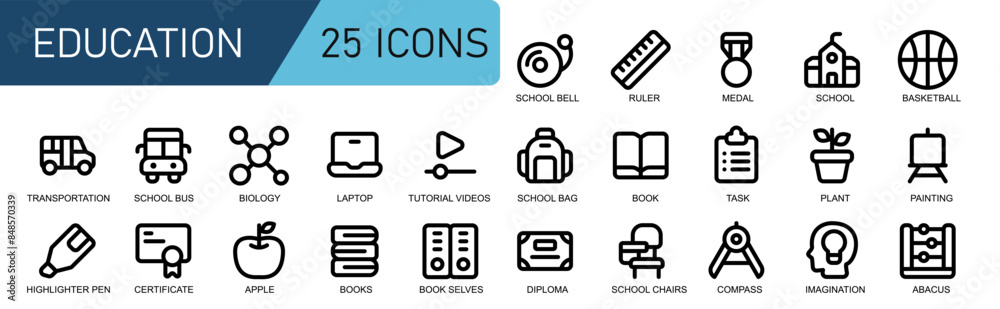education icon collection.thick outline style.contains TASK,TODO LIST ...