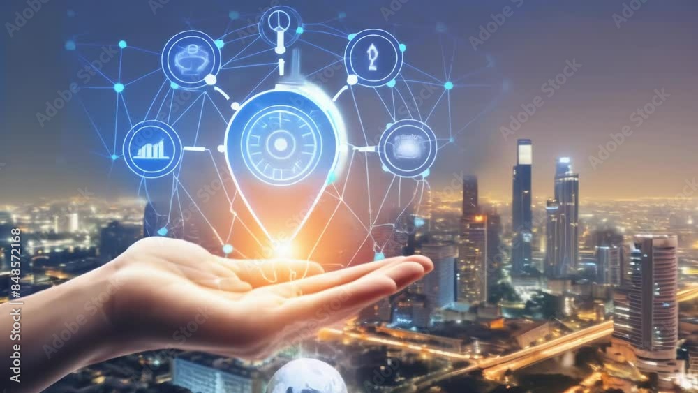 A hand holding a digital interface representing a smart city's network ...