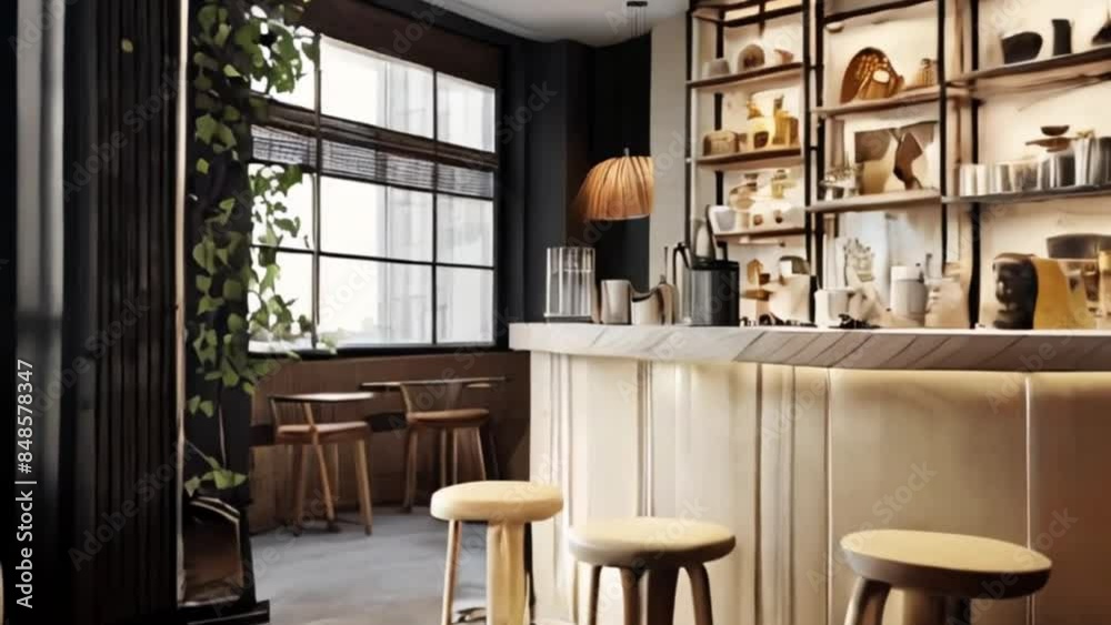 Small modern Korean style design cafe, glossy ivory white round corner ...