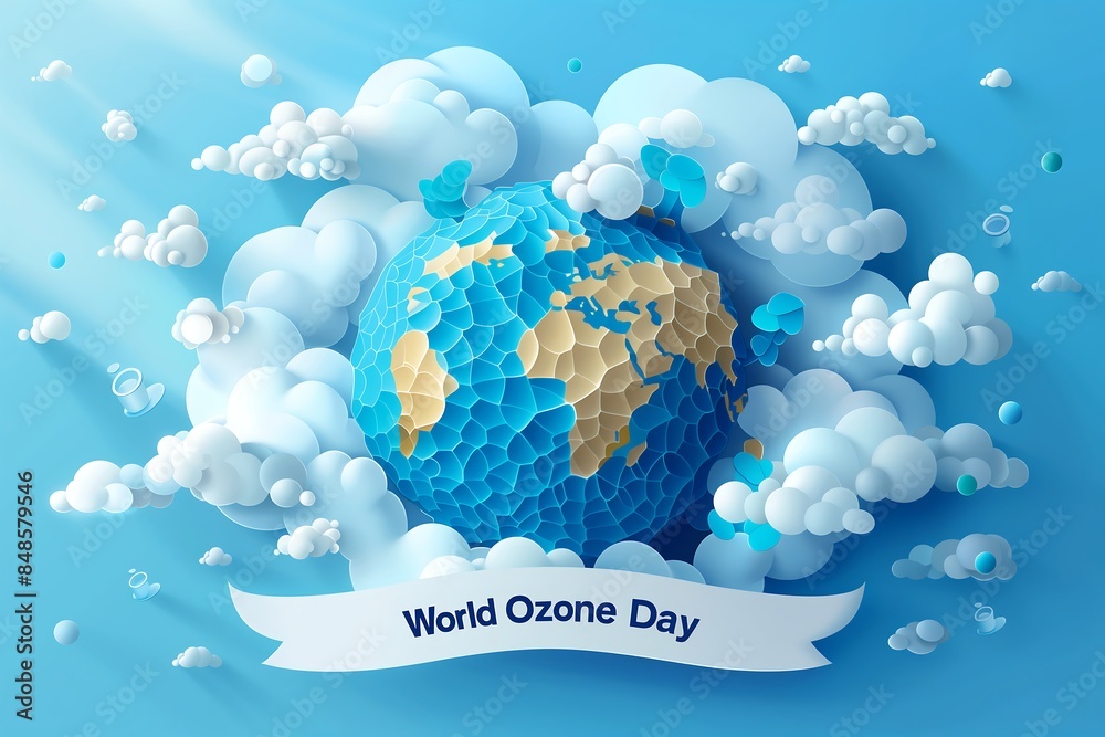 Earth with clouds and protective shield symbolizing ozone layer with World Ozone Day banner in ...