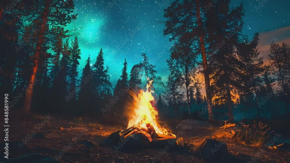 Camp fire in wilderness forest night on Aurora borealis, northern ...