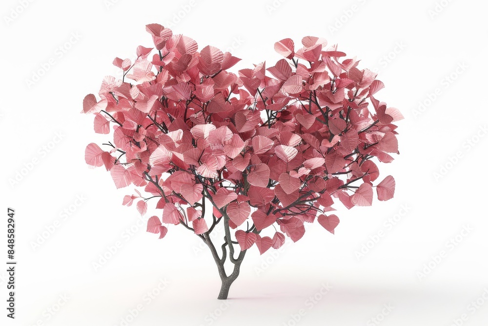 3D heart tree made of pink leaves on a white background, viewed at a 2/ ...