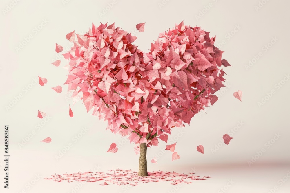 3D heart tree made of pink leaves on a white background, viewed at a 2/ ...