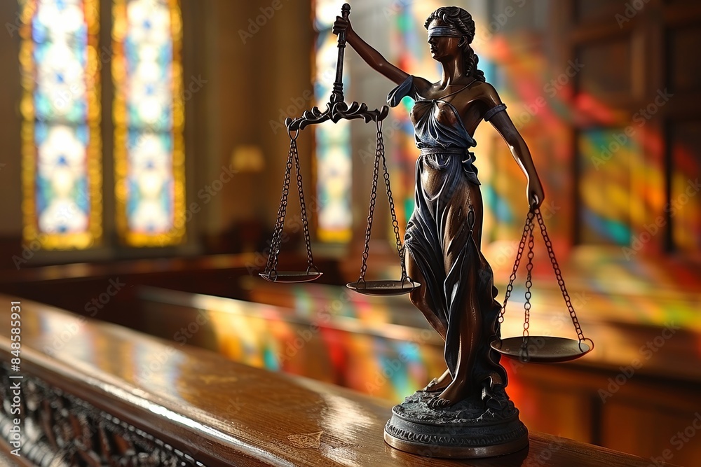 An elegant bronze statue of Lady Justice holding scales, beautifully ...