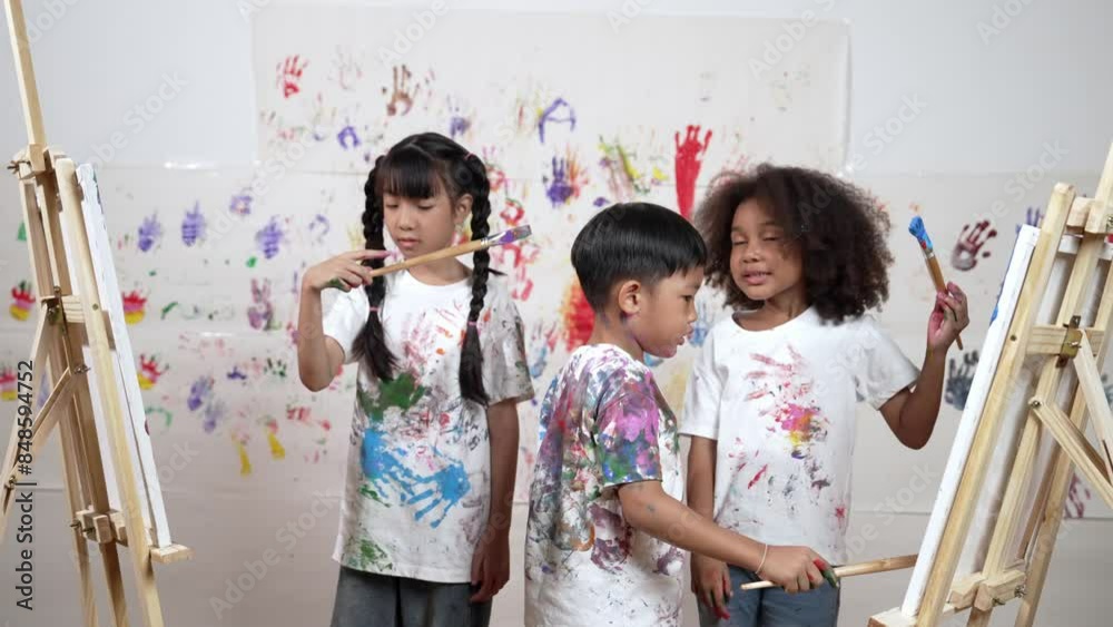 Diverse student painted or draw canvas at stained wall in art lesson ...