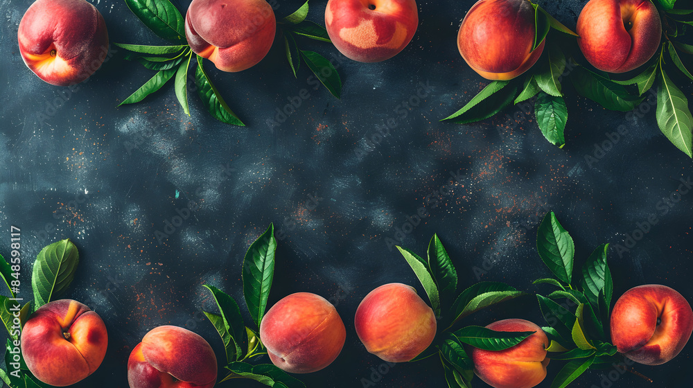 Lush nectarines with vibrant leaves form a frame on a rustic providing ...