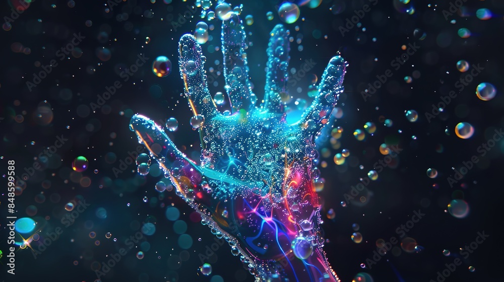 High-resolution 3D rendering of a holographic hand made of liquid glass ...