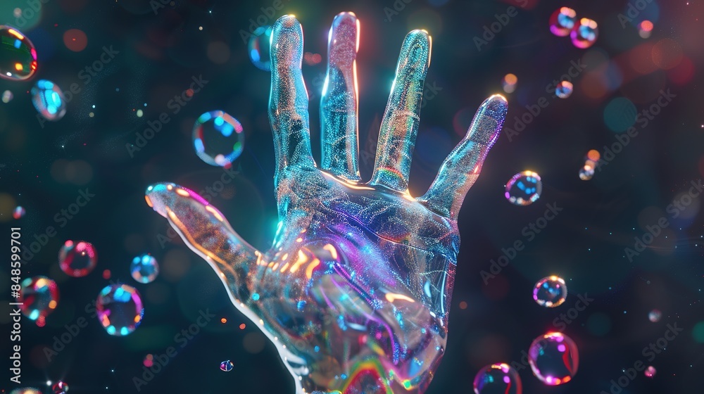High-resolution 3D rendering of a holographic hand made of liquid glass ...