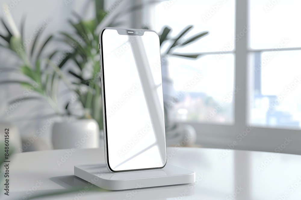 Smartphone with white screen on a stand in an interior with plants ...