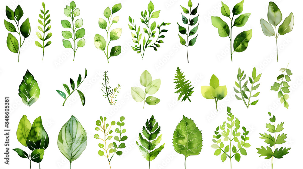 set of hand drawn watercolor green leave clip art, on white background ...