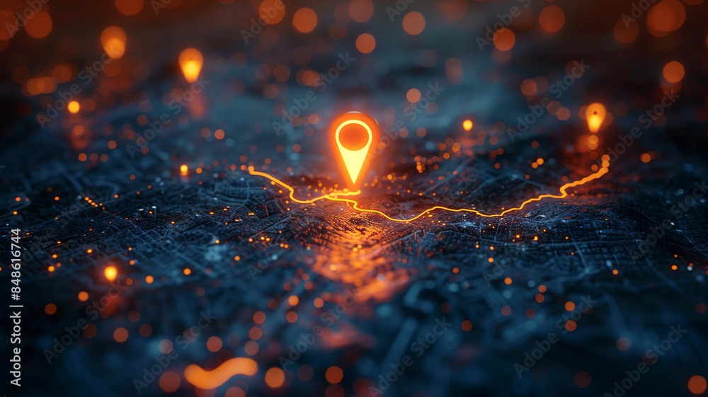 3D illustration of a location pin glowing on the map with orange light ...