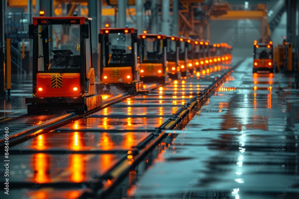 Automated guided vehicles in a manufacturing facility. AI. Stock Photo ...