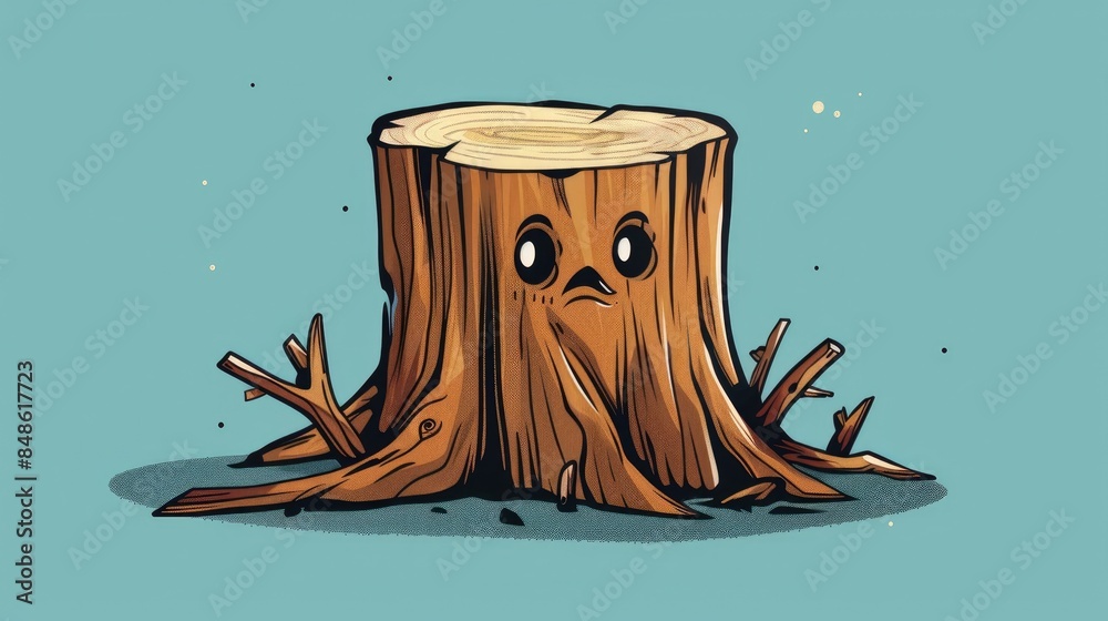 A whimsical cartoon drawing portraying a tree stump with a sorrowful ...