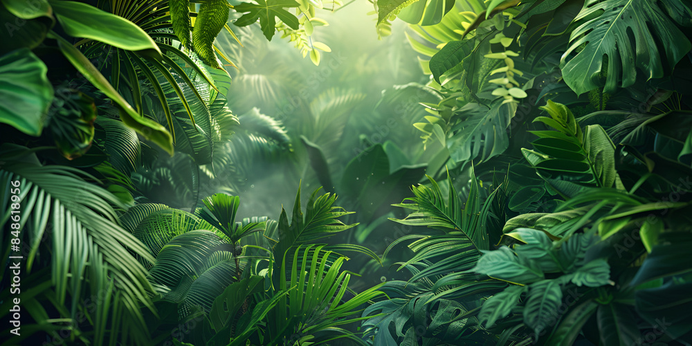 tropical rainforest scene with a focus on a large leafy green plant in ...