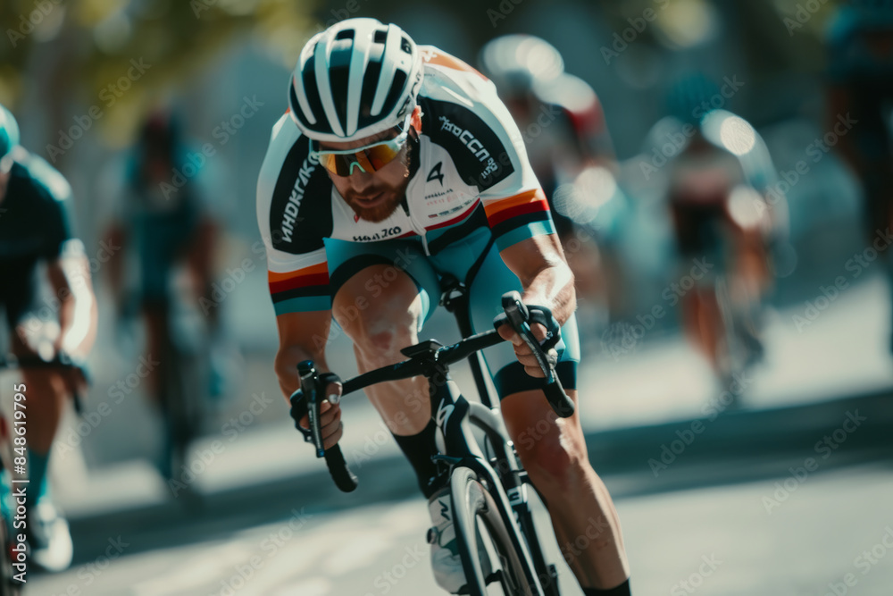 Low angle, cycling race, close-up of a male cyclist leaning into a ...