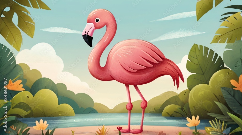 cartoon illustration of cute flamingo in the jungle Stock Illustration ...
