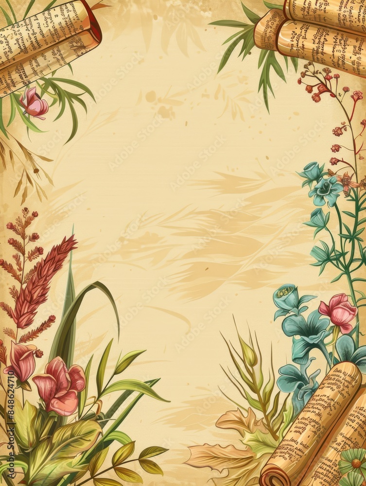 Border design with traditional Shavuot symbols including Torah scrolls ...