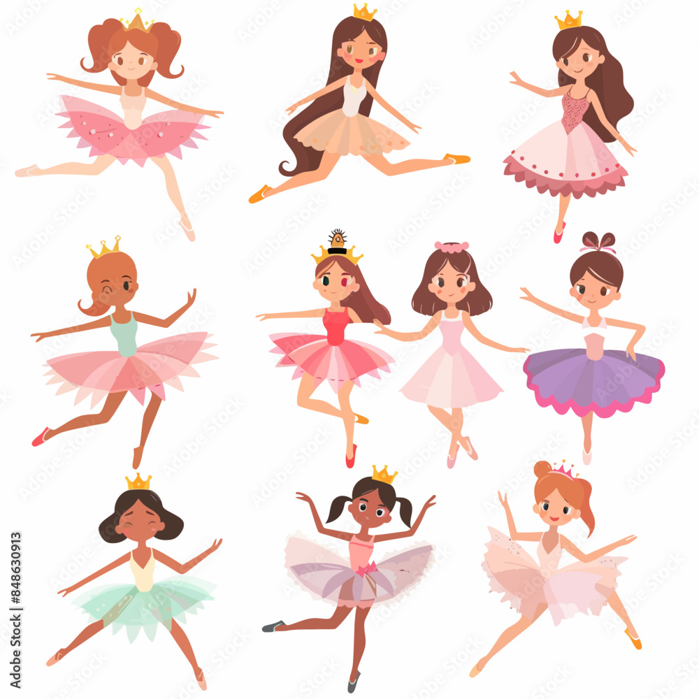 Cartoon ballerina princesses, cute girls dancers characters. Girl in ...