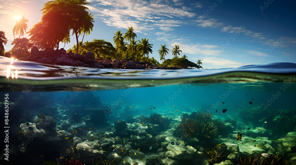 Underwater view of tropical island with coral reefs and palm trees ...