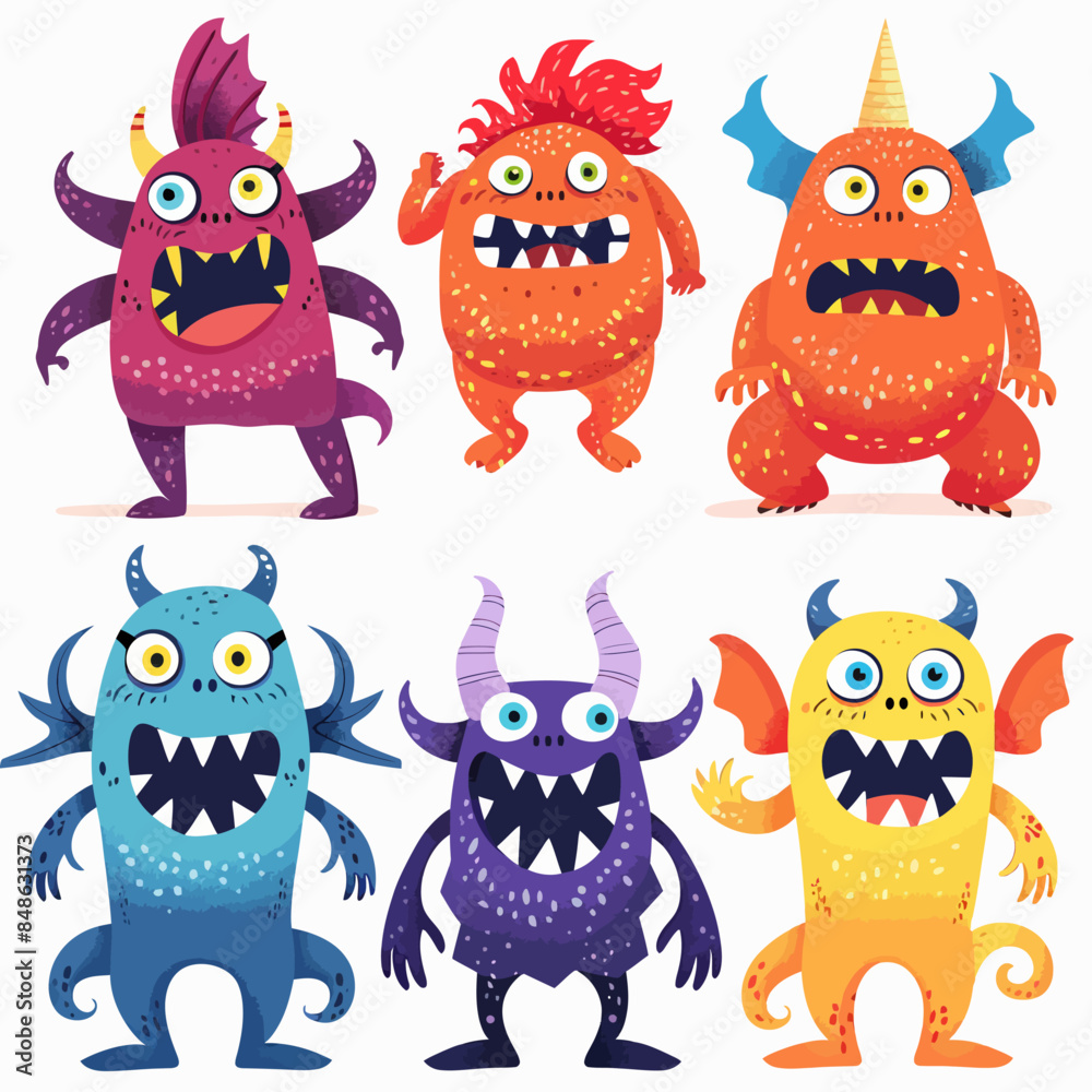 Vetor de Cute cartoon Monsters. Set of cartoon monsters: ghost, goblin ...
