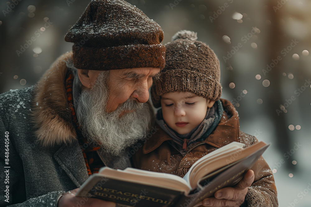 Heartwarming image of an old man reading a storybook with a young child ...