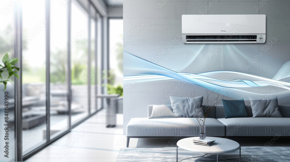Abstract air conditioner with blue waves of fresh cool breeze flowing ...