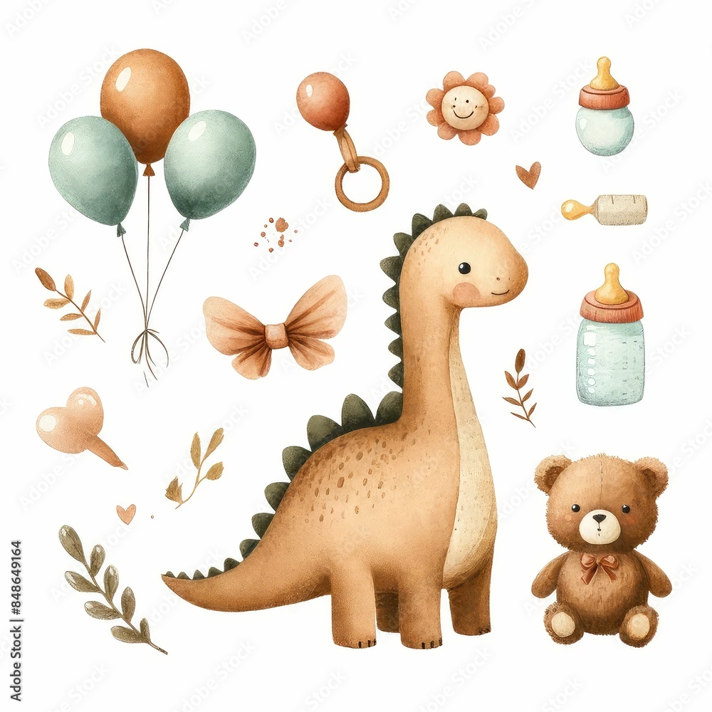 dinosaur and baby shower element. earth tone color, watercolor ...
